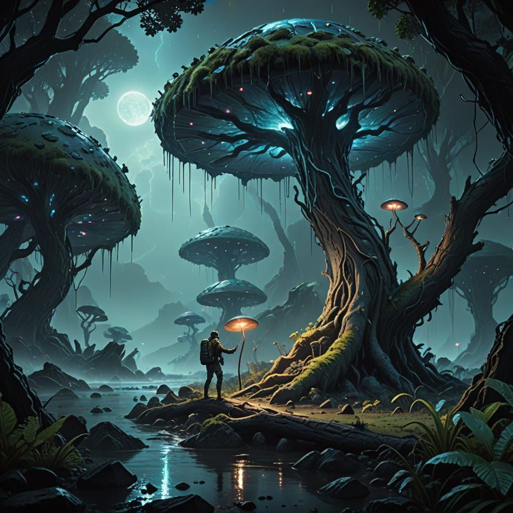 Castaway Builds Futuristic Shelter in Alien Tree - AI Art