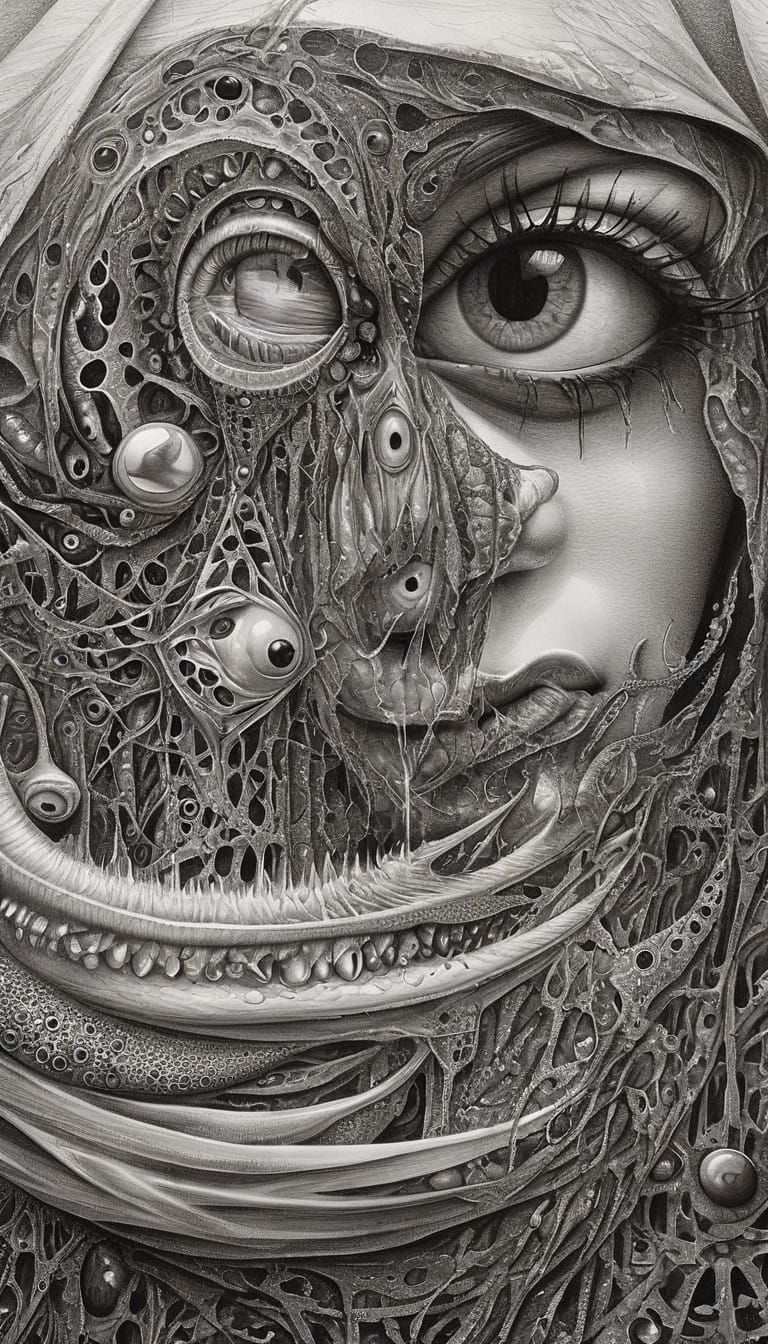 Surreal Pencil Drawing of Veiled Woman with Eel Cr... - AI Art