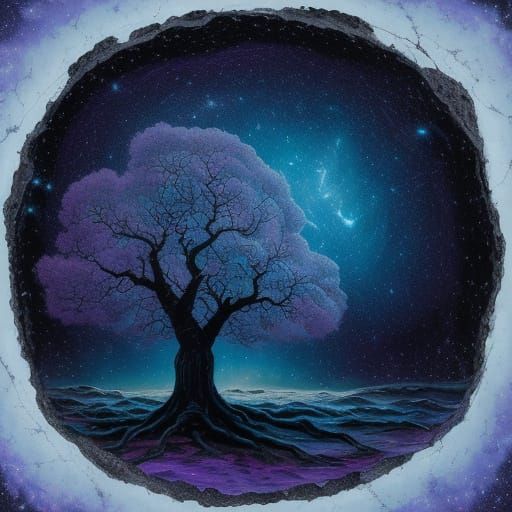 Tree Trunk Surprised by Celestial Face in Dreamlik... - AI Art