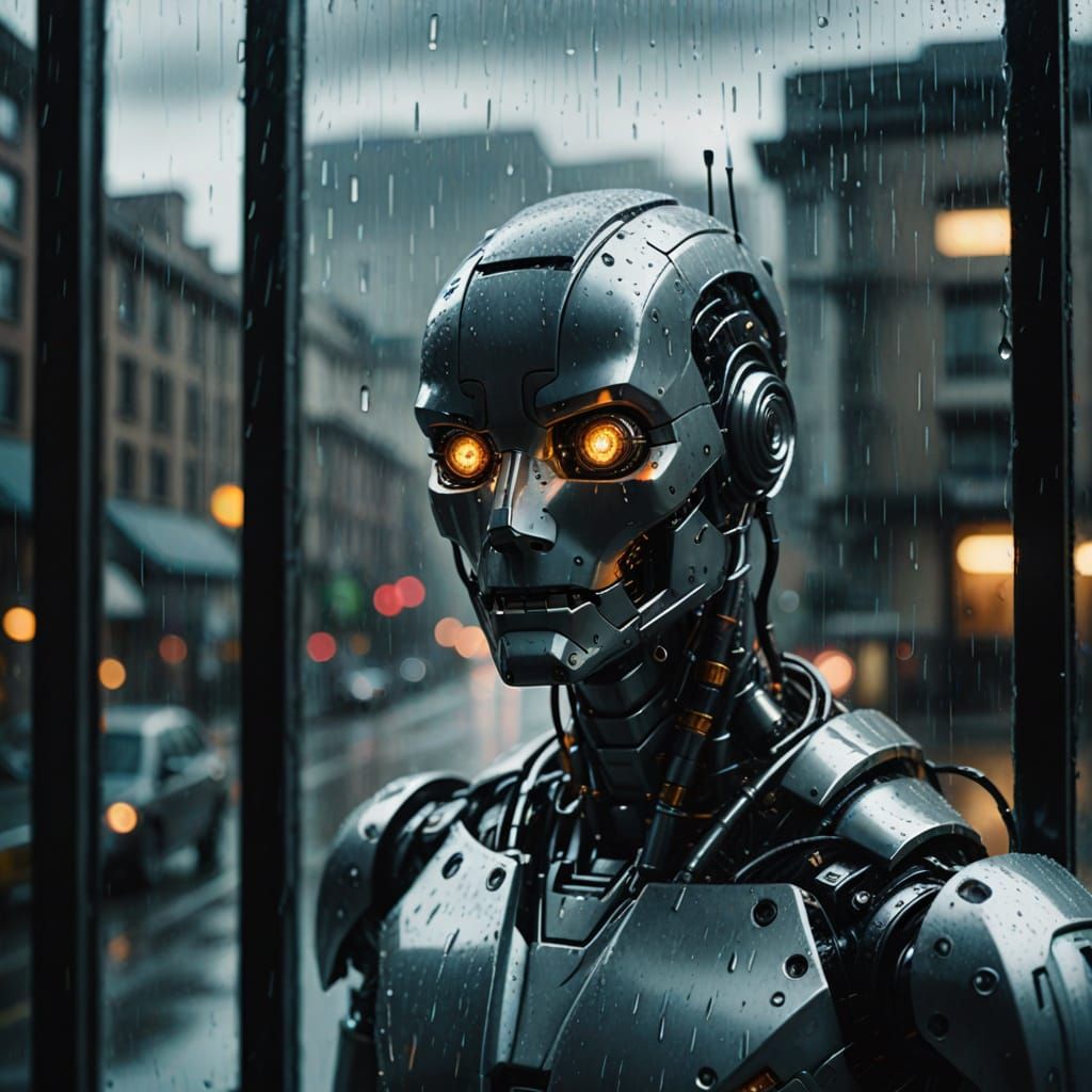 Moody Robot Reflection on Rainy City Window - AI Art