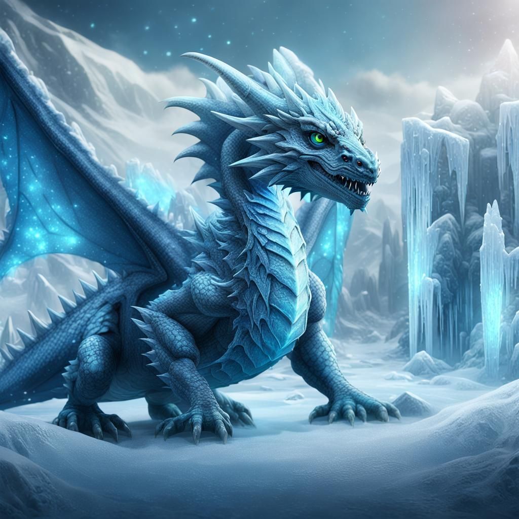 a baby ice dragon in an ice realm breathing ice, very detailed, blue ...