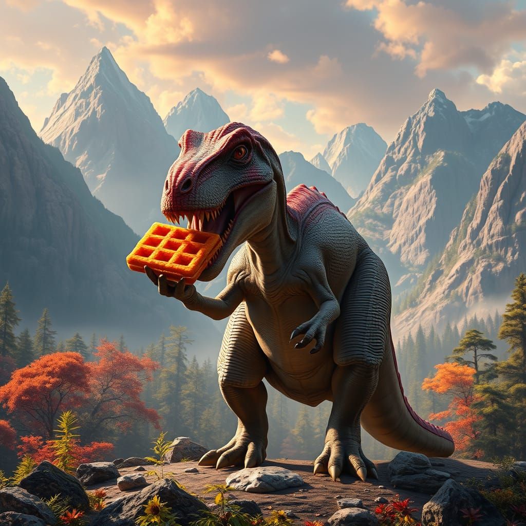 Dinosaur with waffle - Majestic Dinosaur with Waffle in Fant...