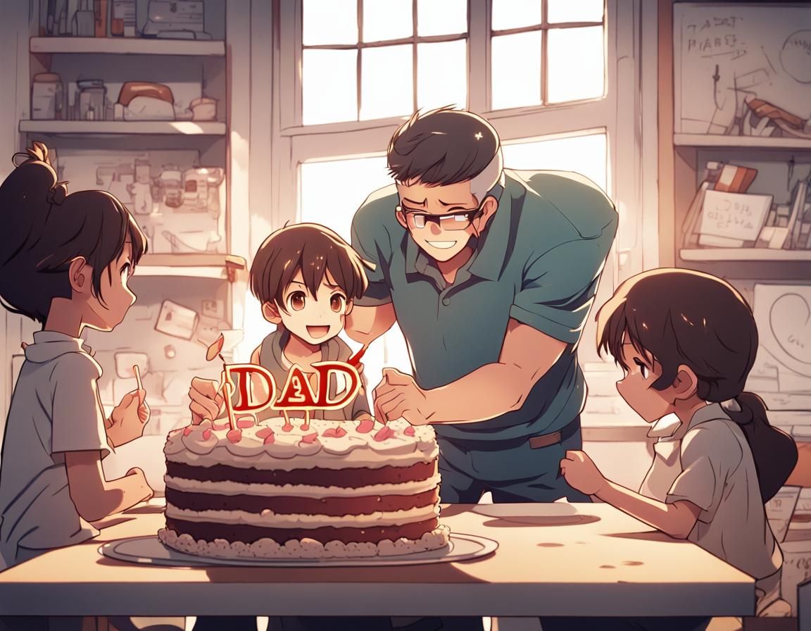 Some children wishing Happy Fathers day to their Dad with a big cake ...