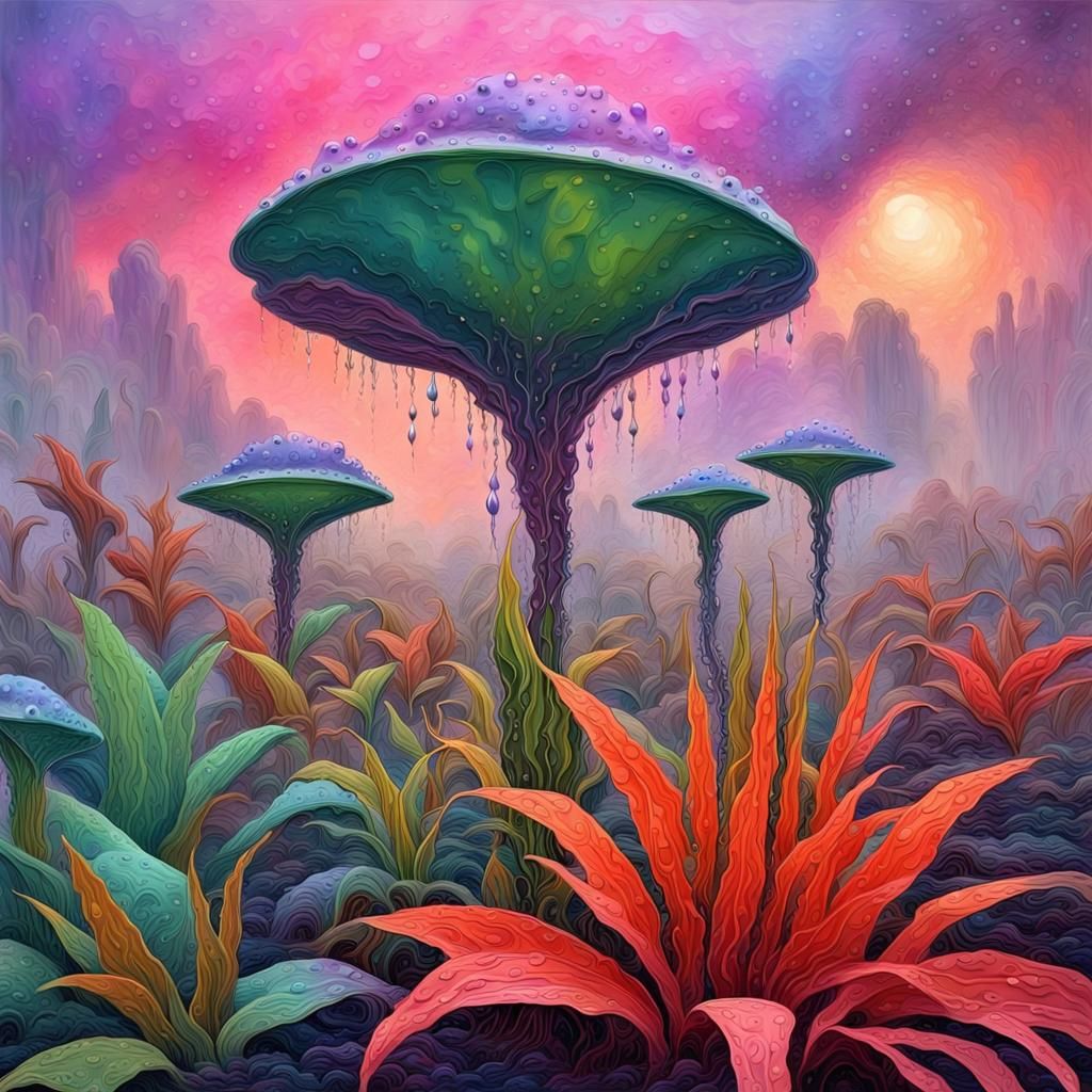 Alien planet lush with tropical looking but alien plants; dew drops of ...