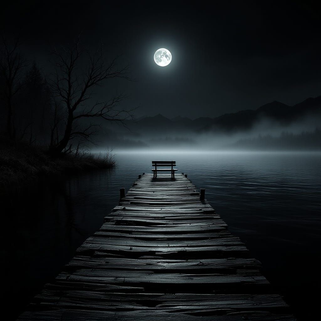 A vast, desolate lake stretches endlessly under a pitch-black sky, its ...