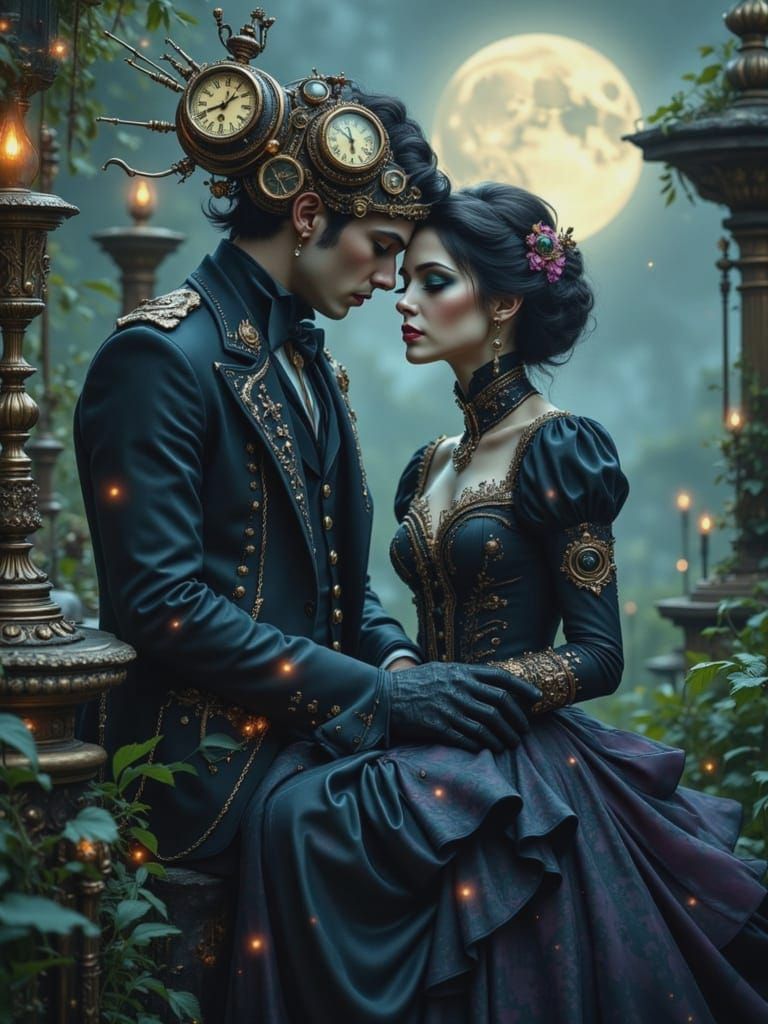 Gothic couple - Elegant Steampunk Gentleman Under the Full M...