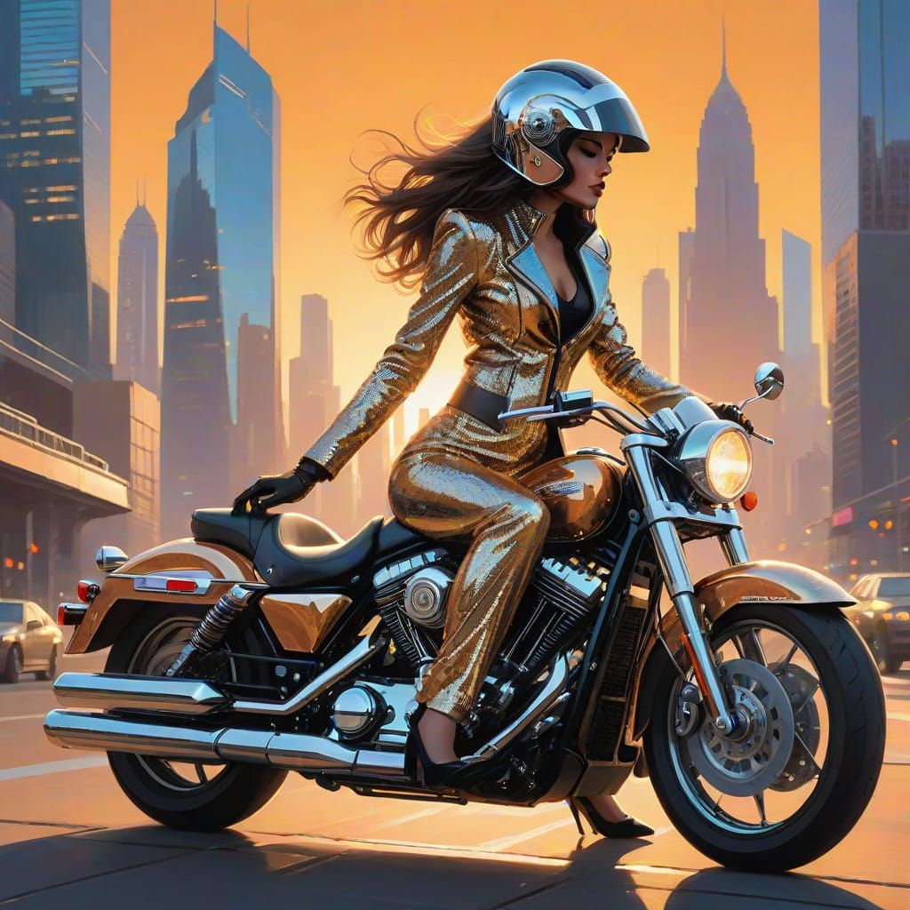Radiant Rider - Cyberpunk Goddess on Chrome Chopper