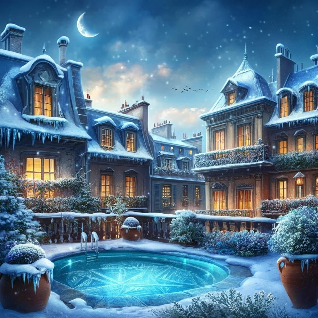 A magical winter wonderland unfolds in a snowy garden.