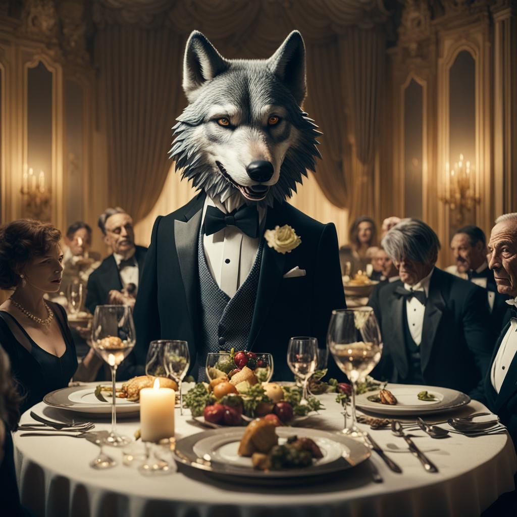 An anthropomorphic Wolf wearing a tuxedo at a extravagant dinner party ...