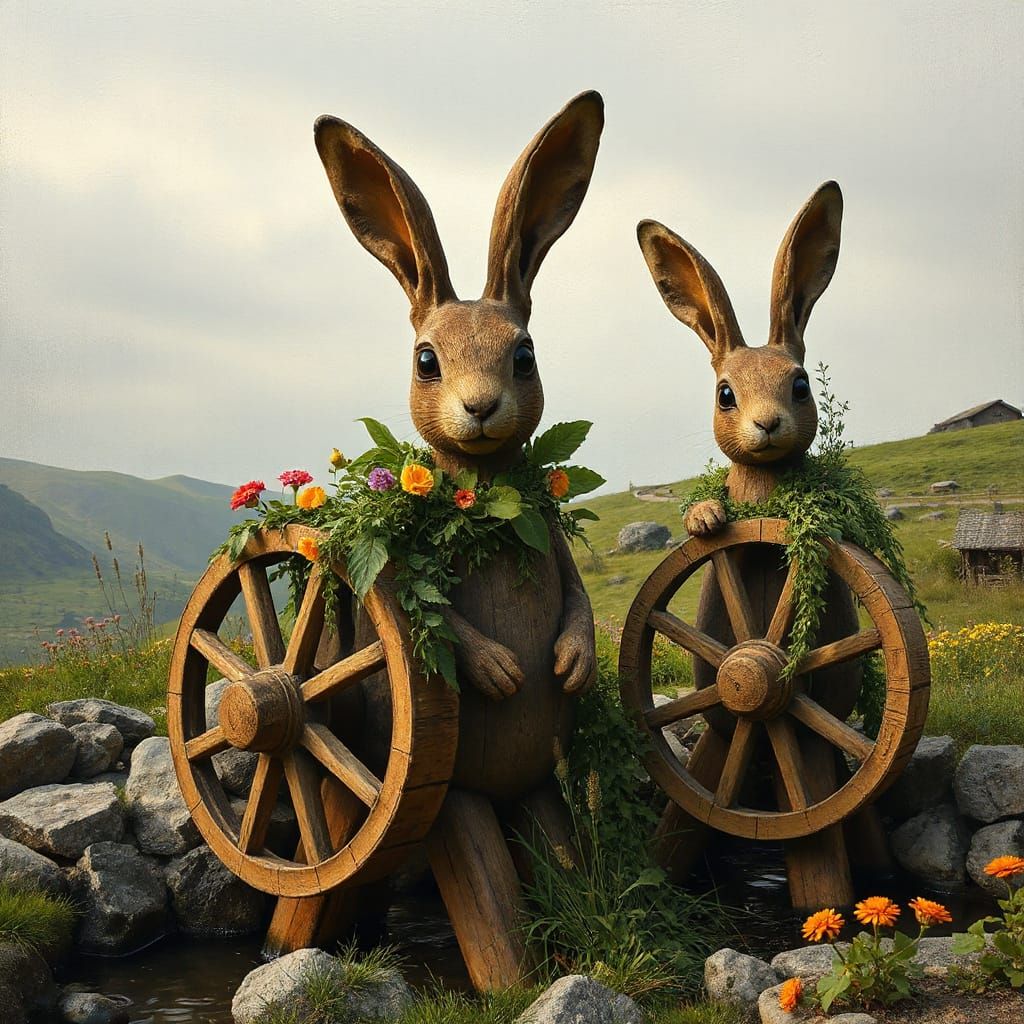Surrealist Wooden Rabbit Waterwheels in a Dreamlik... - AI Art