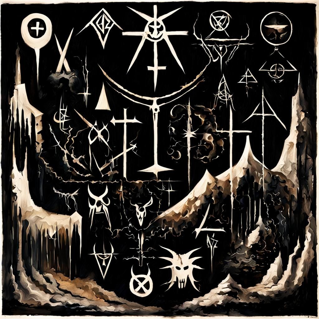 Nightmare contrivances, creepy cave painting Satanic ritual, symbolic ...