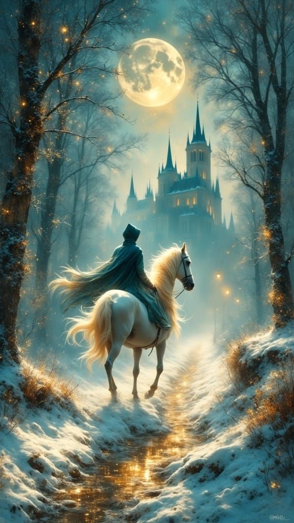 a mysterious, cloaked rider on a majestic, glowing white horse ...