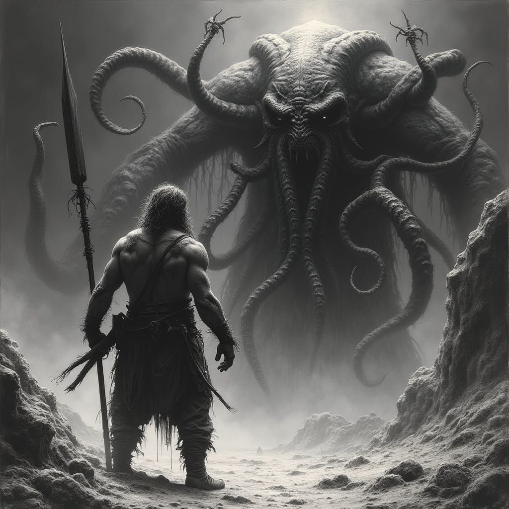 Man fighting an eldritch god - Man Defies the Dark, Tentacl...