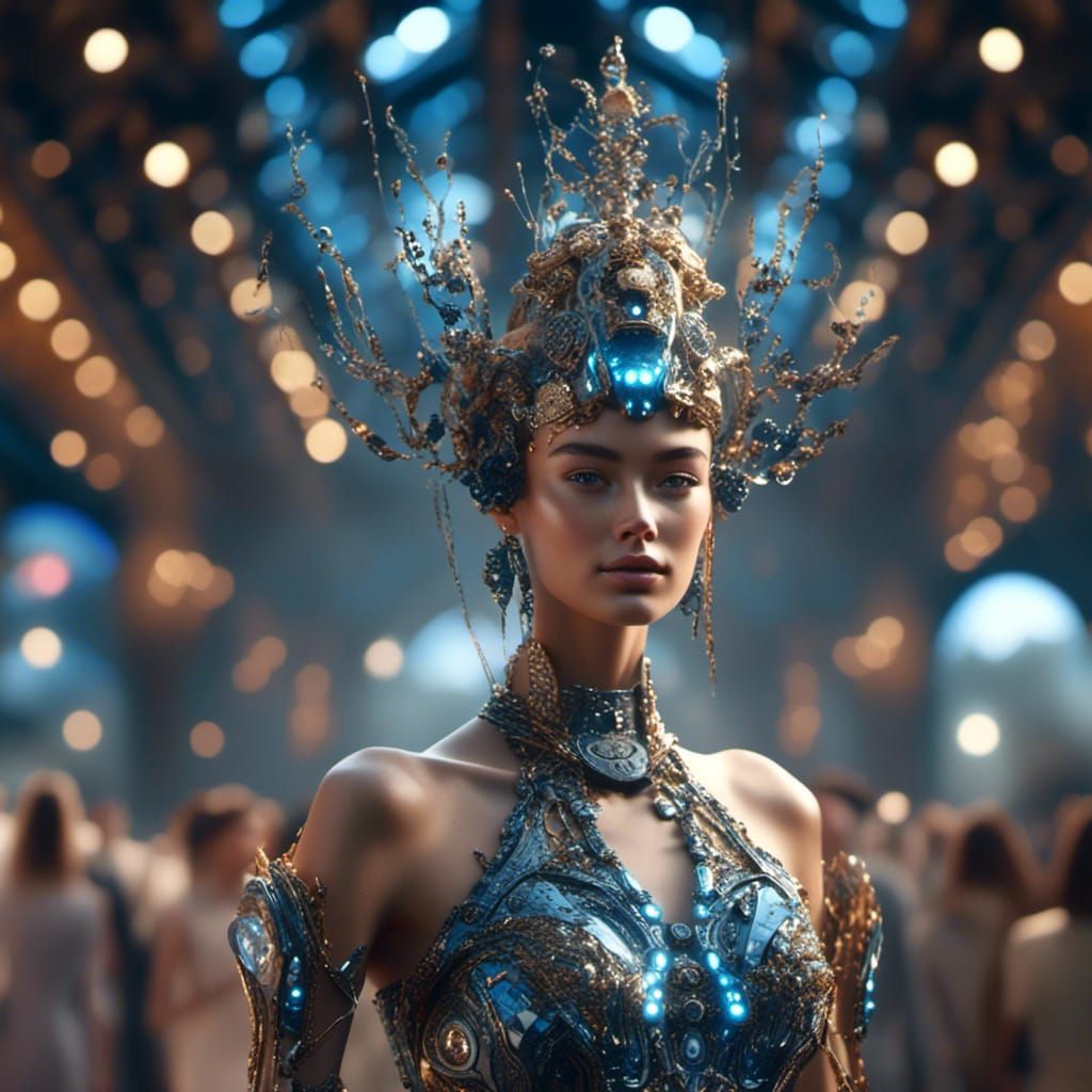 A georgeous futuristic female robot model wearing a sheer jeweled dress ...