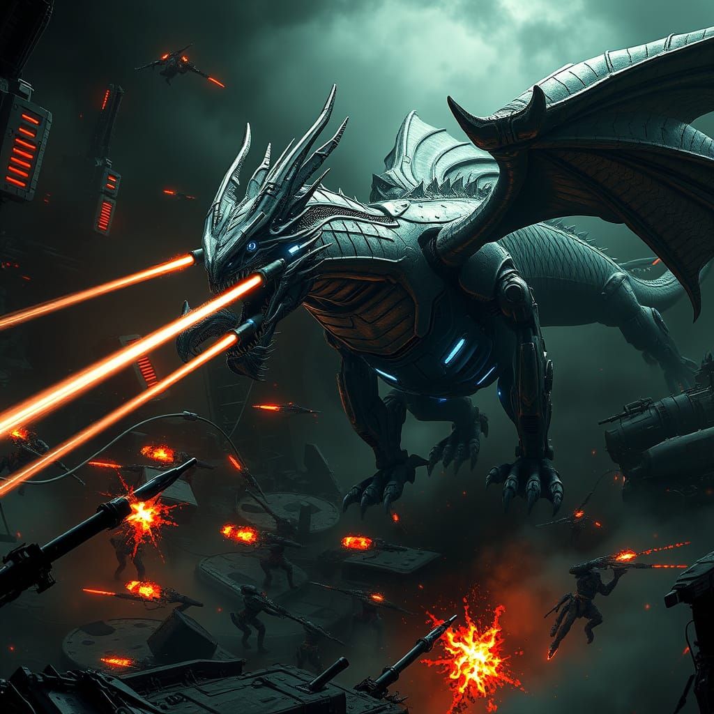 Cybernetic Dragon Unleashes Fury in Industrial Spa... - AI Art