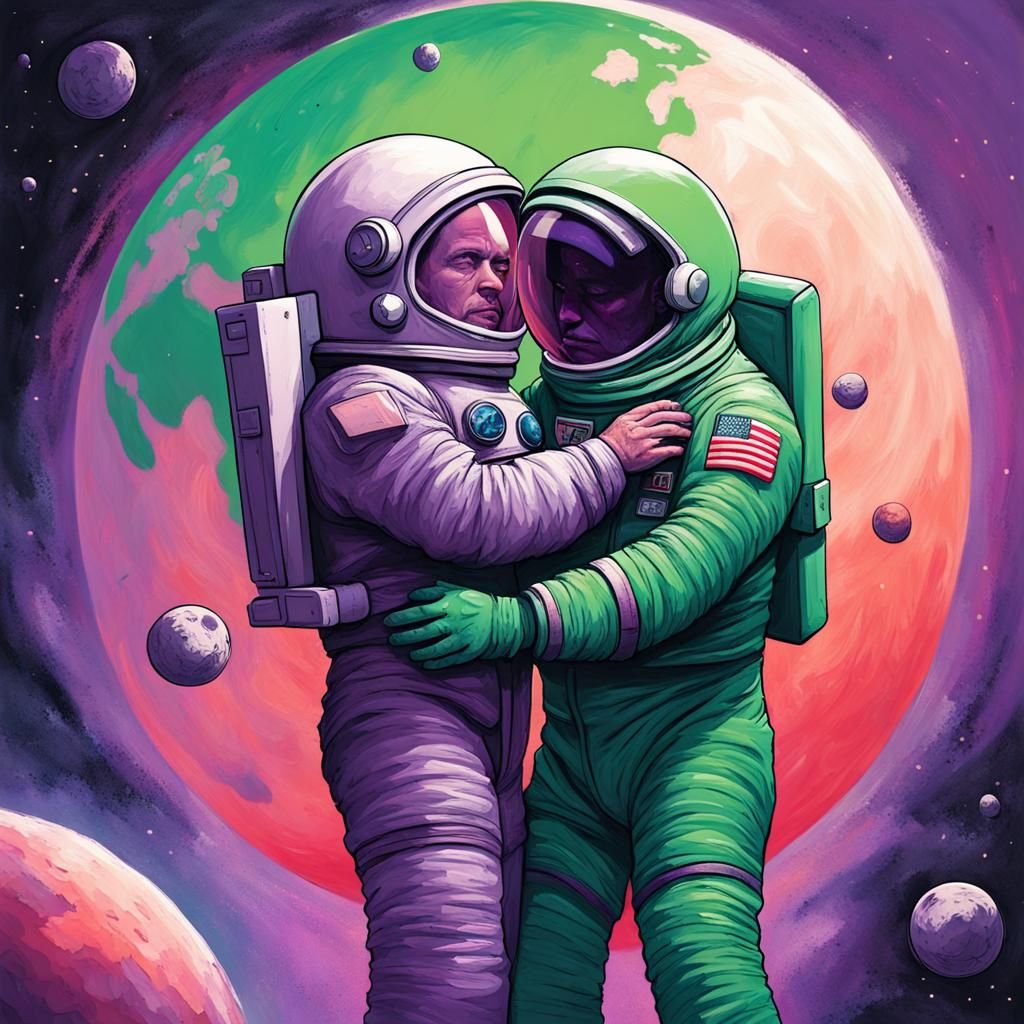 A green cosmonaut and a purple astronaut hugging & excessively crying ...