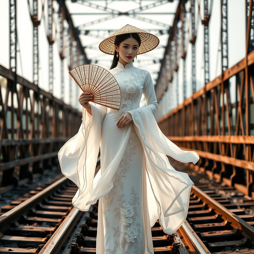 A full-length Vietnamese woman, dressed in a traditional white ao dai ...