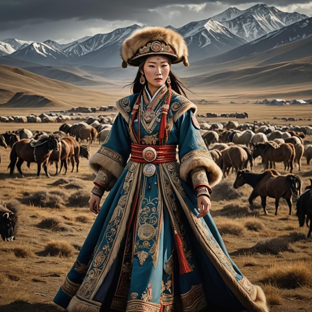 traditional Mongolian dress, her deel adorned with ornate embroidery ...