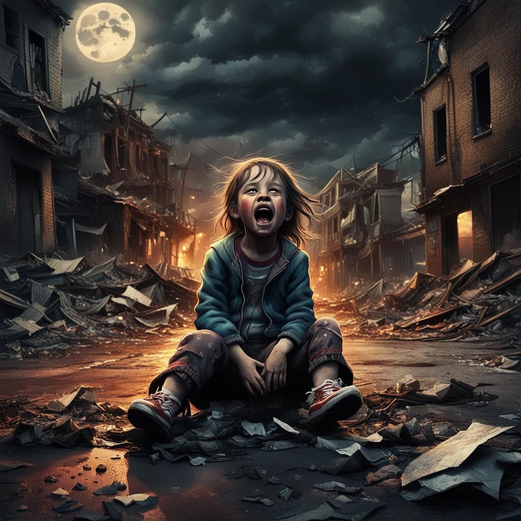 A desperately screaming and crying little girl sits on a dirty street ...