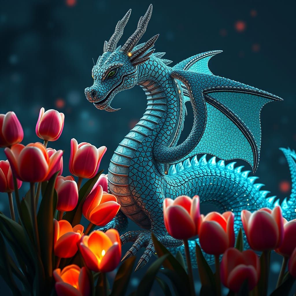 Pixel art dragon with tulips ambient occlusion mos... - AI Art