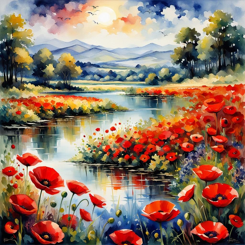 LAKESIDE POPPIES - AI Generated Artwork - NightCafe Creator
