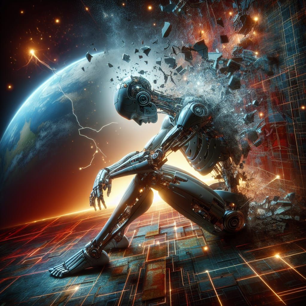 A robot broken down in despair at the world, with fragile building ...