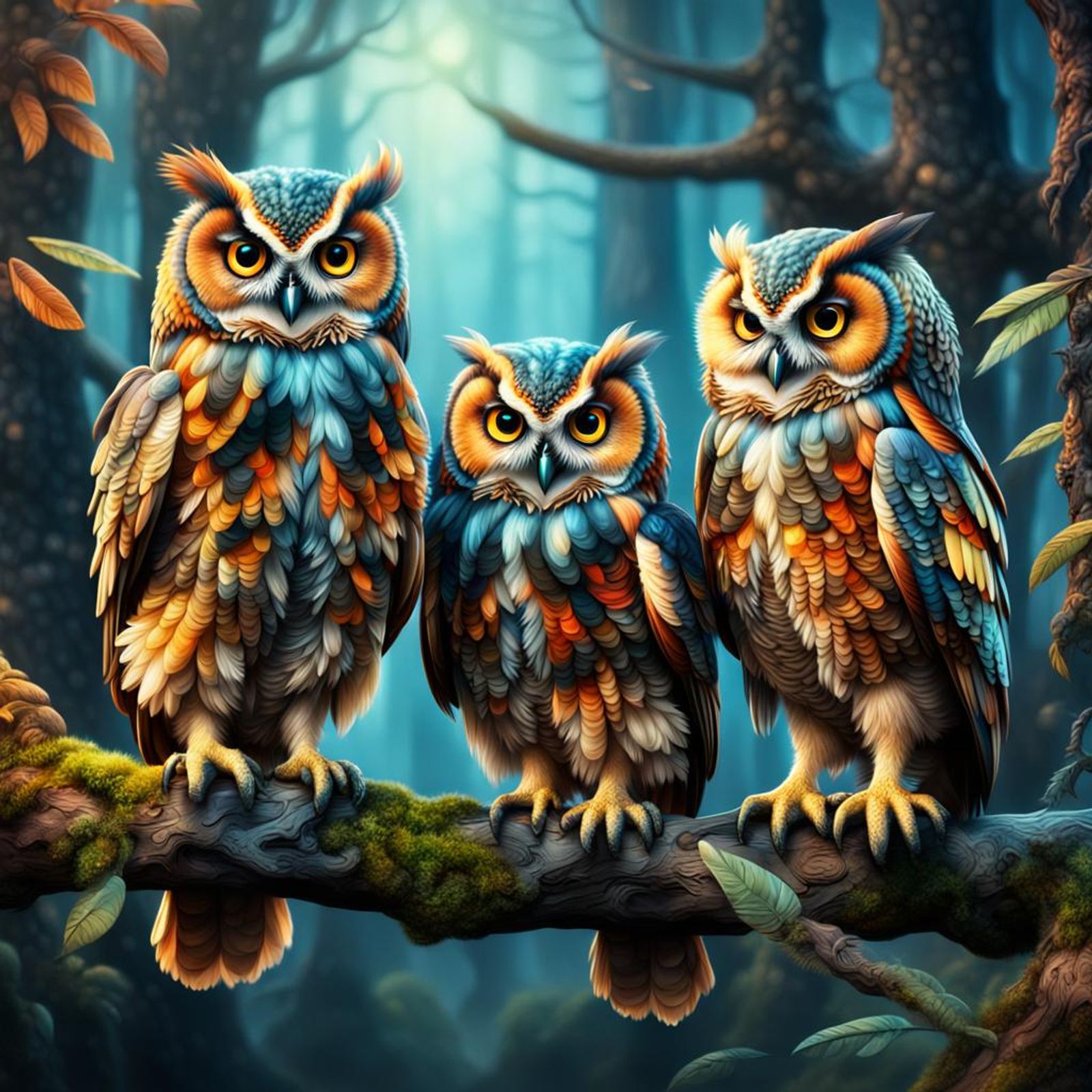 3 cute colorful fluffy prehistoric owls sitting on a branch. - AI ...