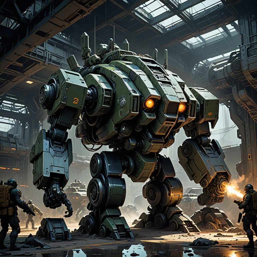 A realistic mech, thirty feet tall, equipped with lasers and rockets ...