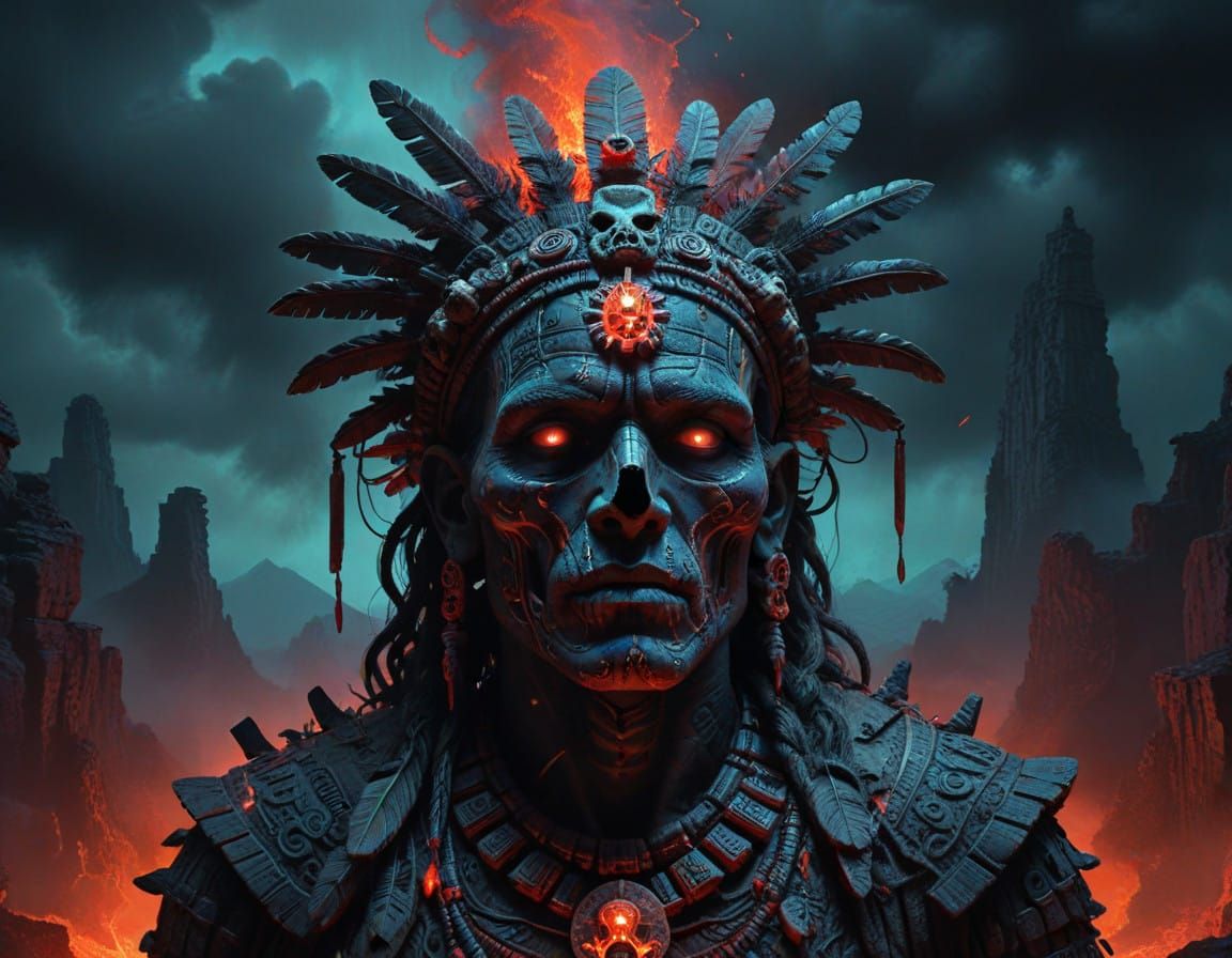 Mayan - Dark Mayan Leader in Eerie Headdress, Blood Sacrific...