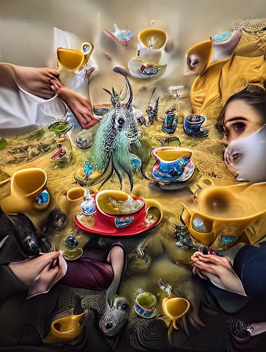 Insanely detailed photo of surreal tea party in the manner of Leonora ...
