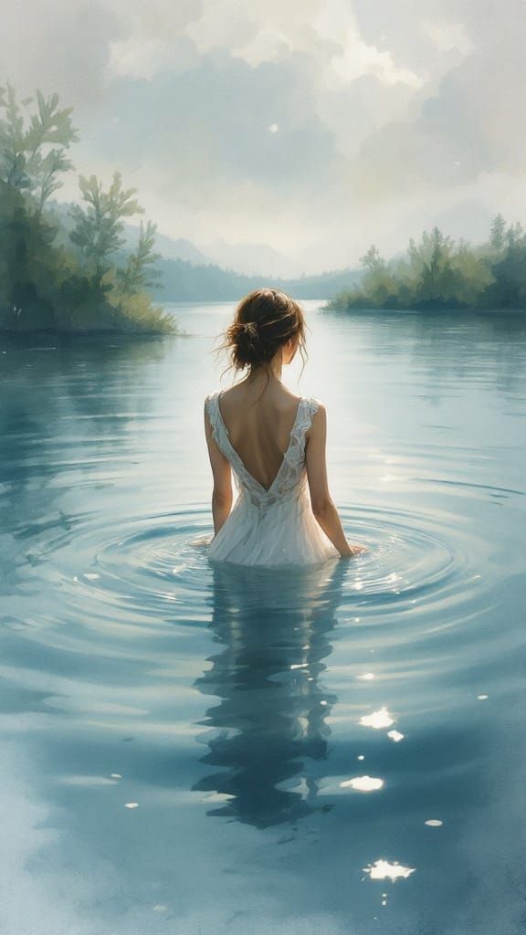 Woman in the lake. - Watercolour Woman in Serene Lake Scene