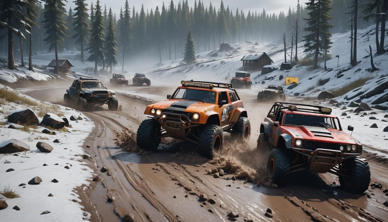 Off-road futurist hotrods in a snowy and muddy race - AI Generated ...