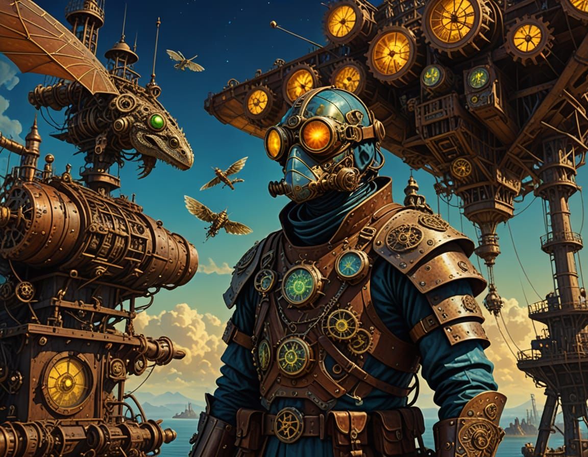 Fantastical Oilpunk Knight Soars Over Rusted Oil R... - AI Art