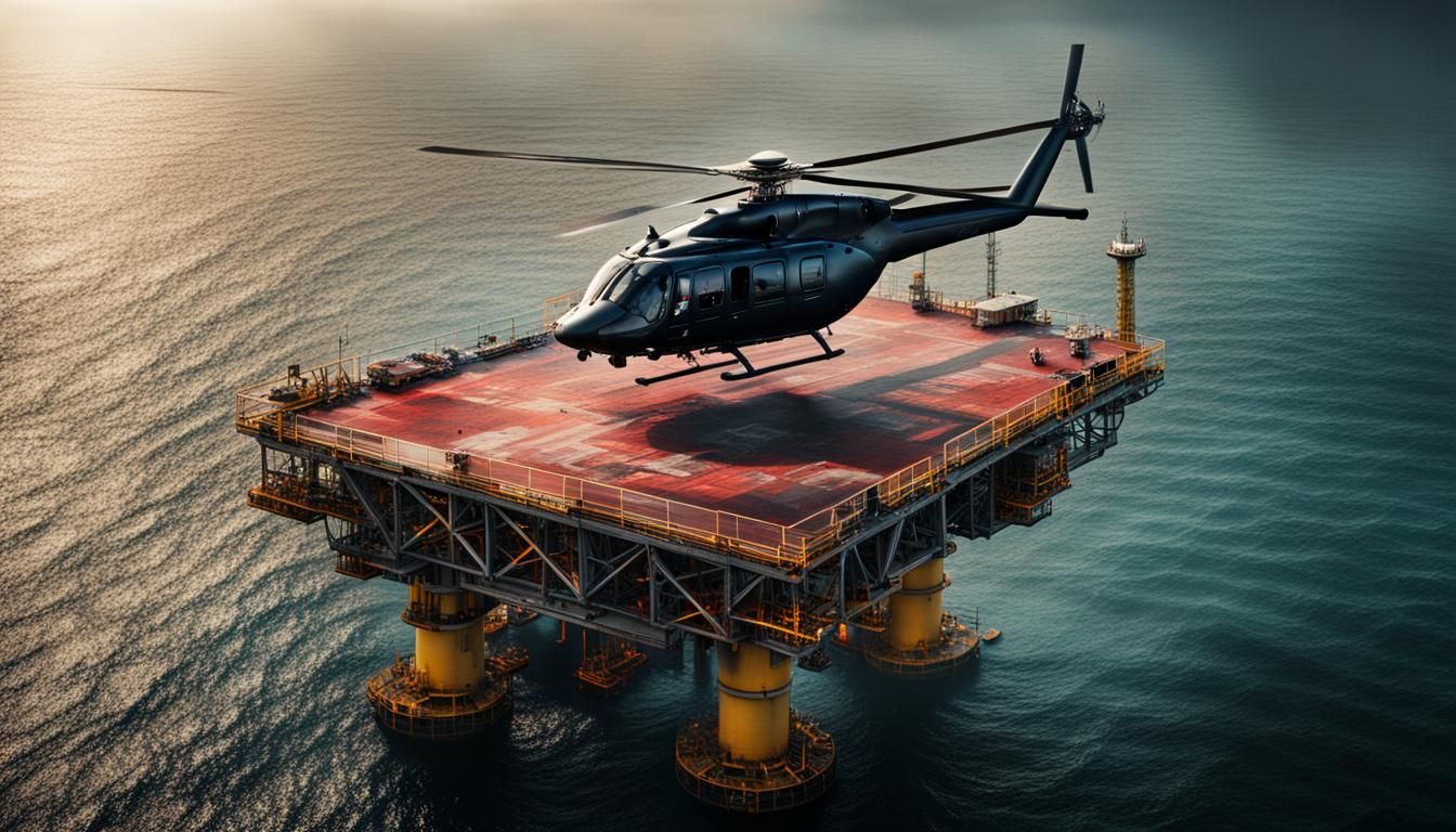 Helicopter landing on a helipad at an oil rig. - AI Generated Artwork - NightCafe Creator