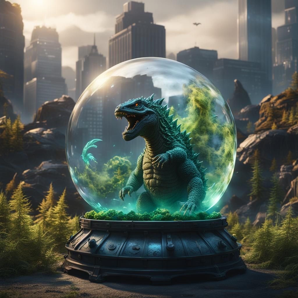 crystal ball with a godzilla weed cing cong in a citv - AI Generated ...