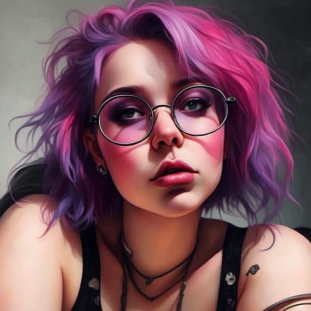 chunky emo chick magenta and purple hair lip ring glasses semi dressed ...