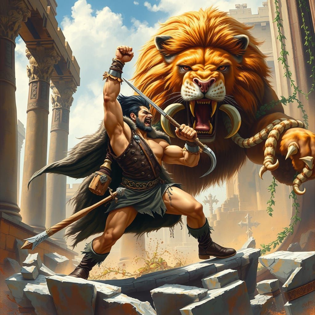 Frazetta inspired- Lion and Warrior