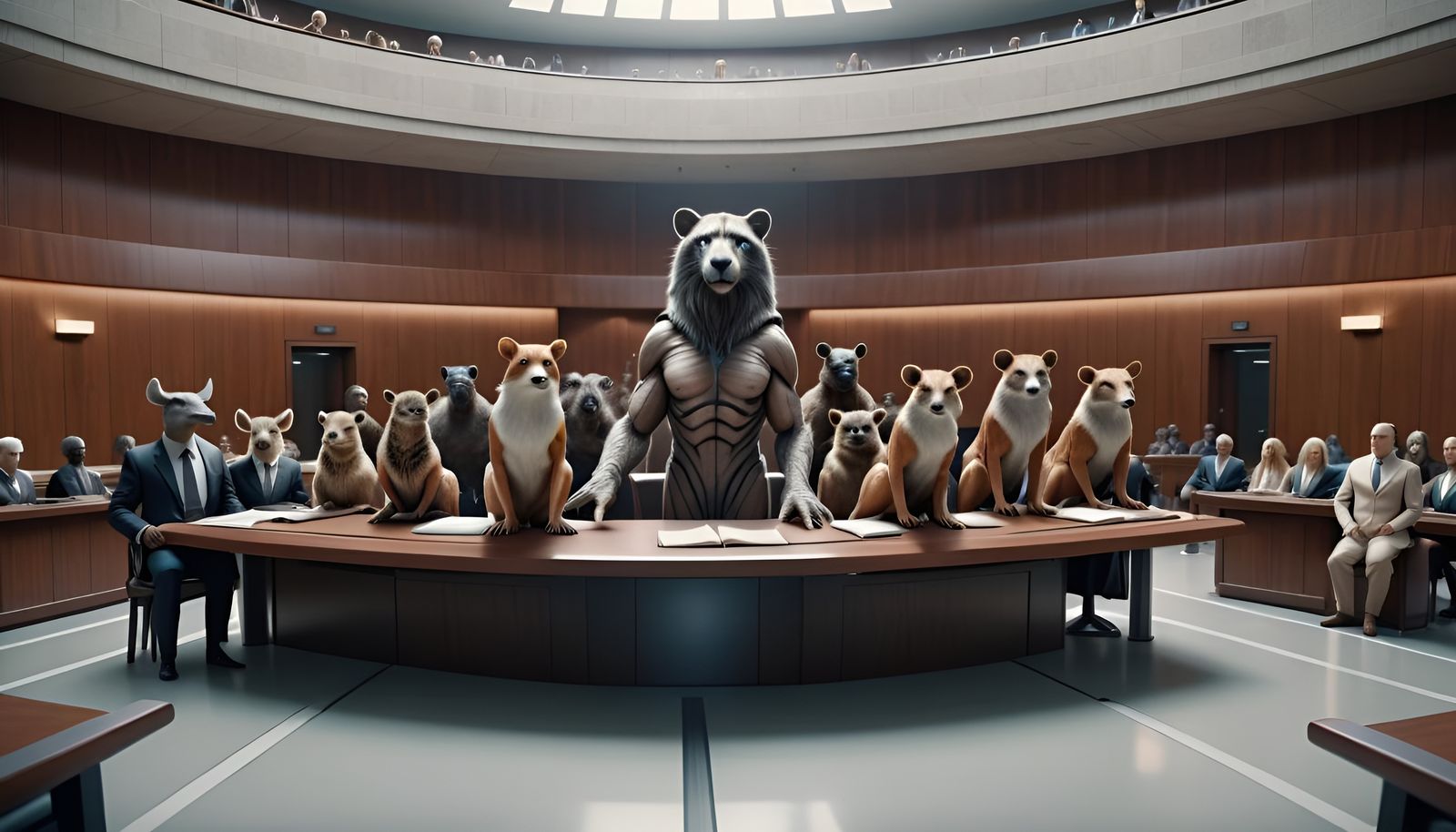 An animal courtroom, judges and jury are animals. Judging humans. - AI ...