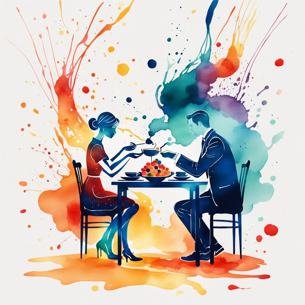 An artistic illustration of a romantic dinner, line art reimagined as ...