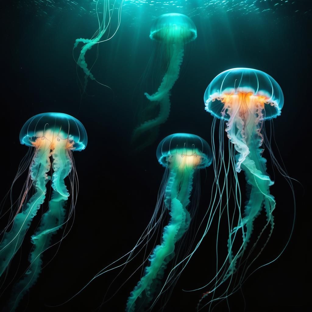 Forest in abyssal waters. (Bioluminescent jellyfish and phytoplankton ...