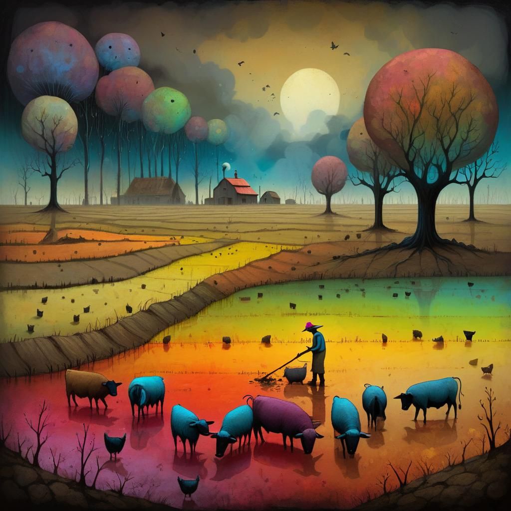 Surreal farming - Rustic Farmer Tends Muddy Land in Vibrant ...