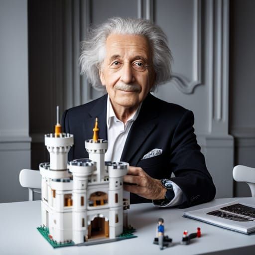 Albert Einstein proudly unveils his masterpiece, a meticulously crafted LEGO castle. The joy in ...