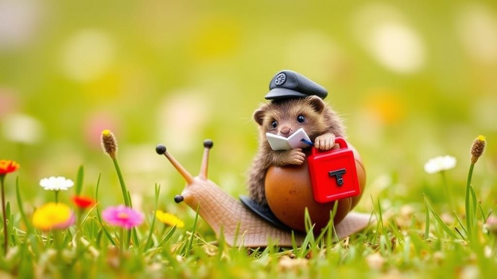 Miniature Hedgehog Postman Rides Snail through Lus... - AI Art