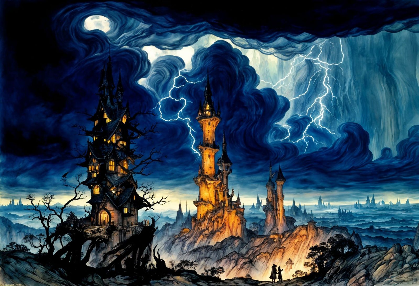 Fantasy fairies, storm, towers, landscape, by arthur rackham