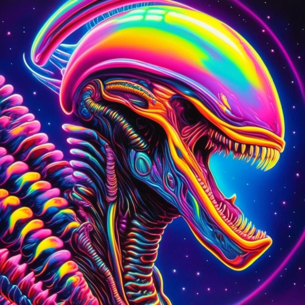 Side Profile Portrait of a Xenomorph in the Style of Lisa Frank , rough ...