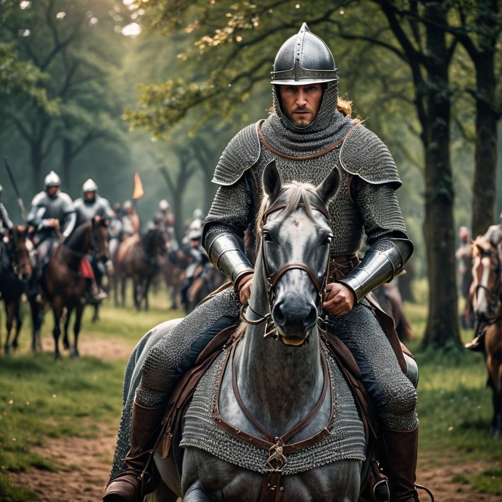 a mounted Medieval knight of 12th century in chainmail and shirt ...