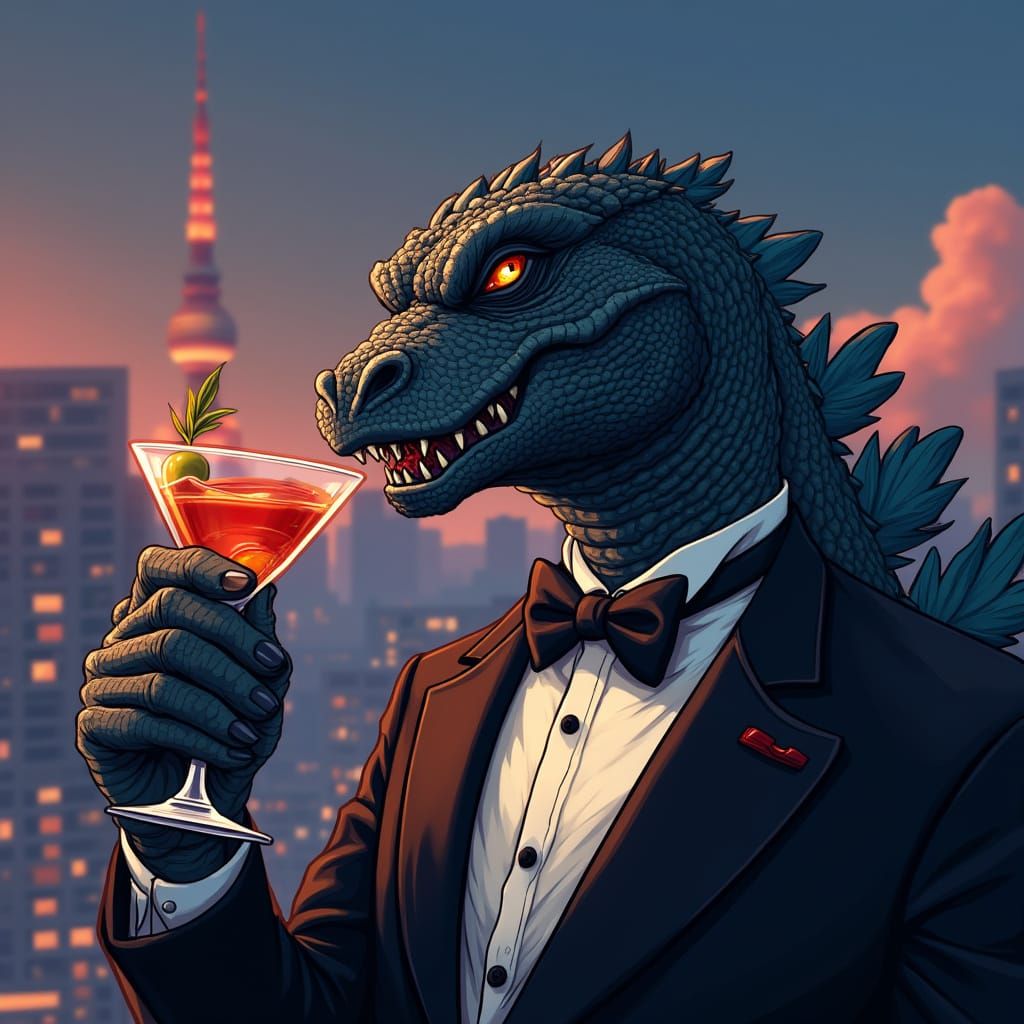 Godzilla drinking a martini - Godzilla Sips a Martini in Tok...