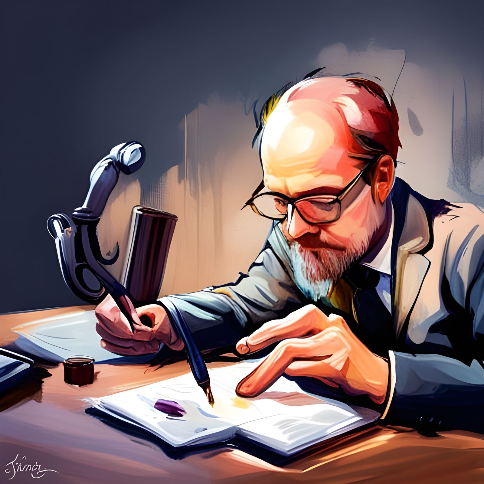 A studious person studying at desk, using a notebook and a fountain pen ...