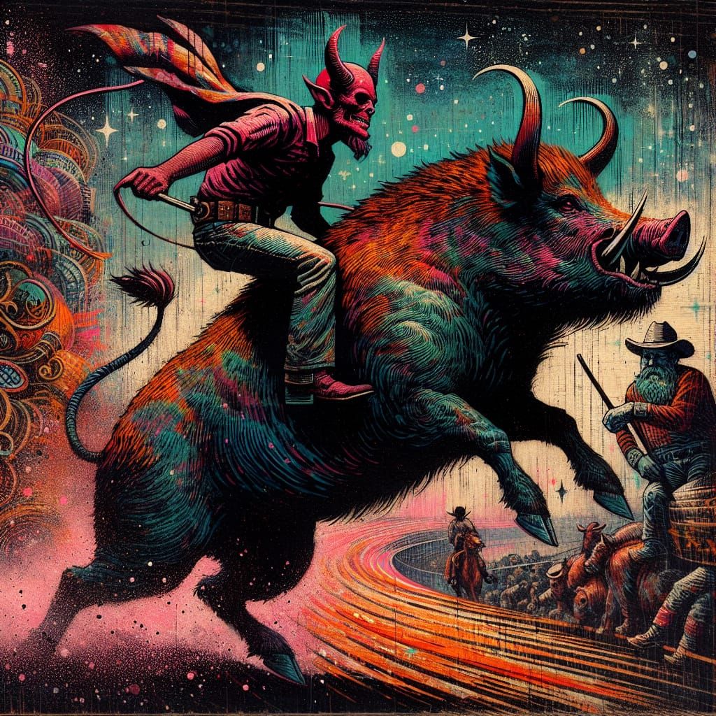 The Devil Riding A Wild Boar at the Rodeo - AI Generated Artwork ...
