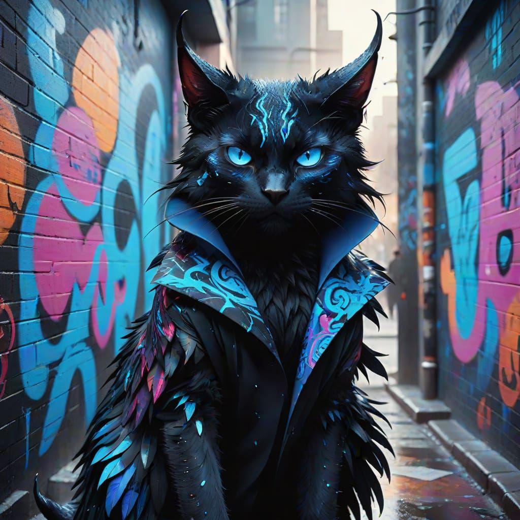 Glowing Demon Confronts Dark Graffiti-Lined Citysc... - AI Art
